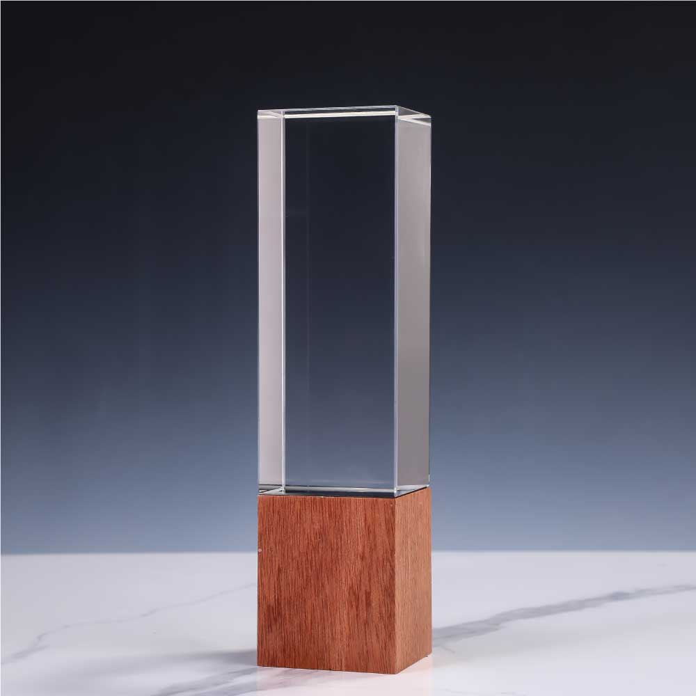 Cuboid Shaped Crystal Awards with Wooden Base | Promotional Gifts Suppliers