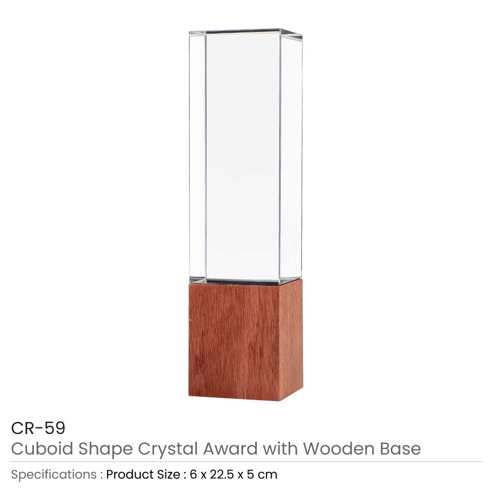 Cuboid Shaped Crystal Awards with Wooden Base | Promotional Gifts Suppliers