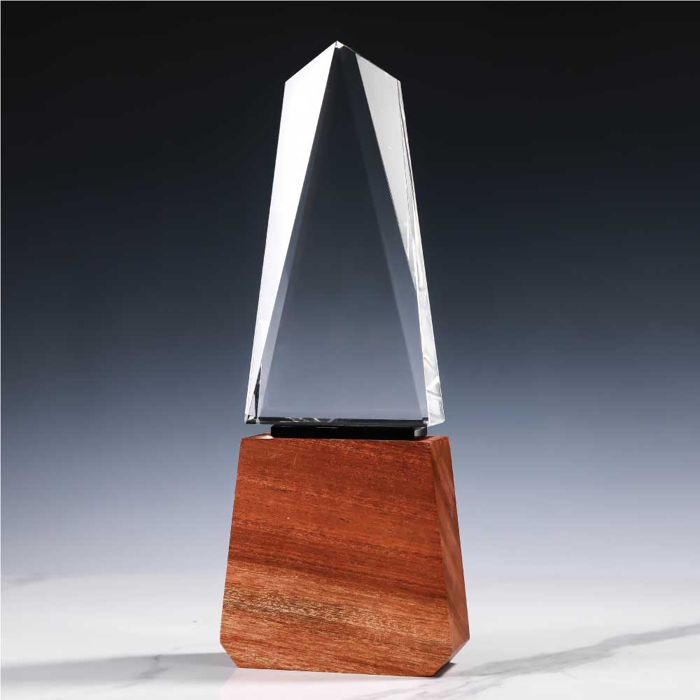 Tower Shaped Crystal Awards with Wooden Base | Promotional Gifts Suppliers