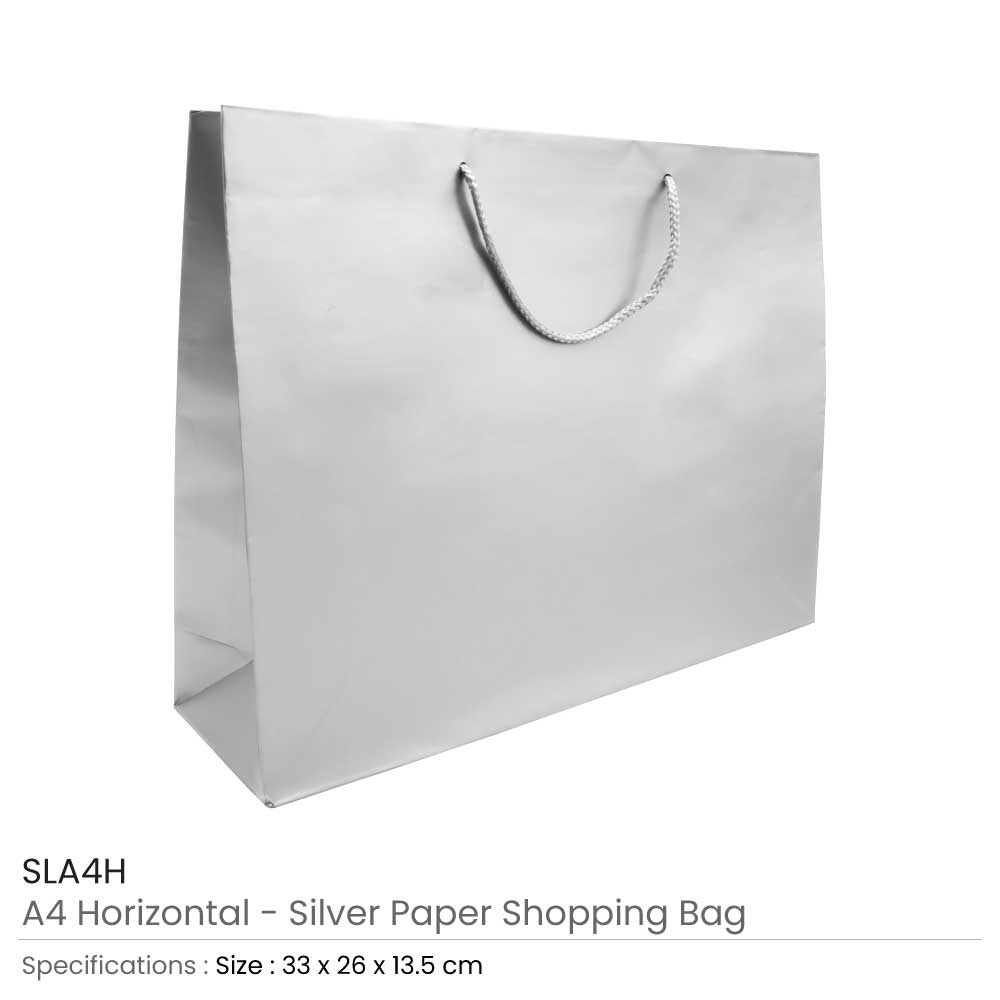 A4 Horizontal Silver Paper Shopping Bags | Promotional Gifts Suppliers