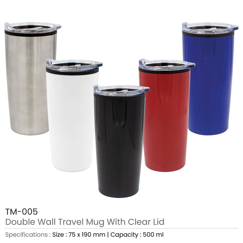 Double-Wall Travel Mugs with Clear Lid | Promotional Gifts Suppliers